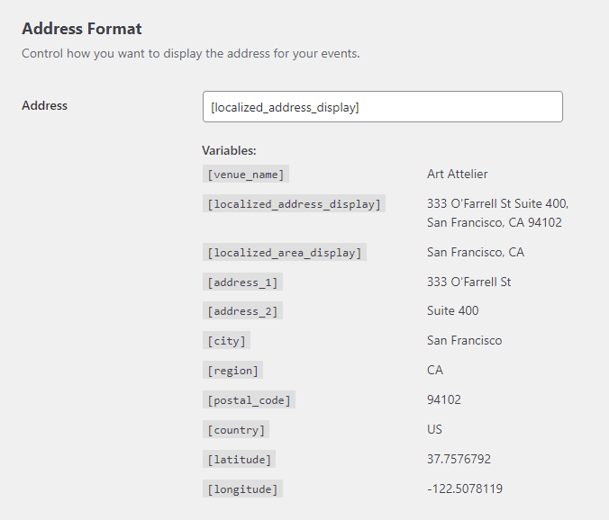 Address format – Event Feed for Eventbrite